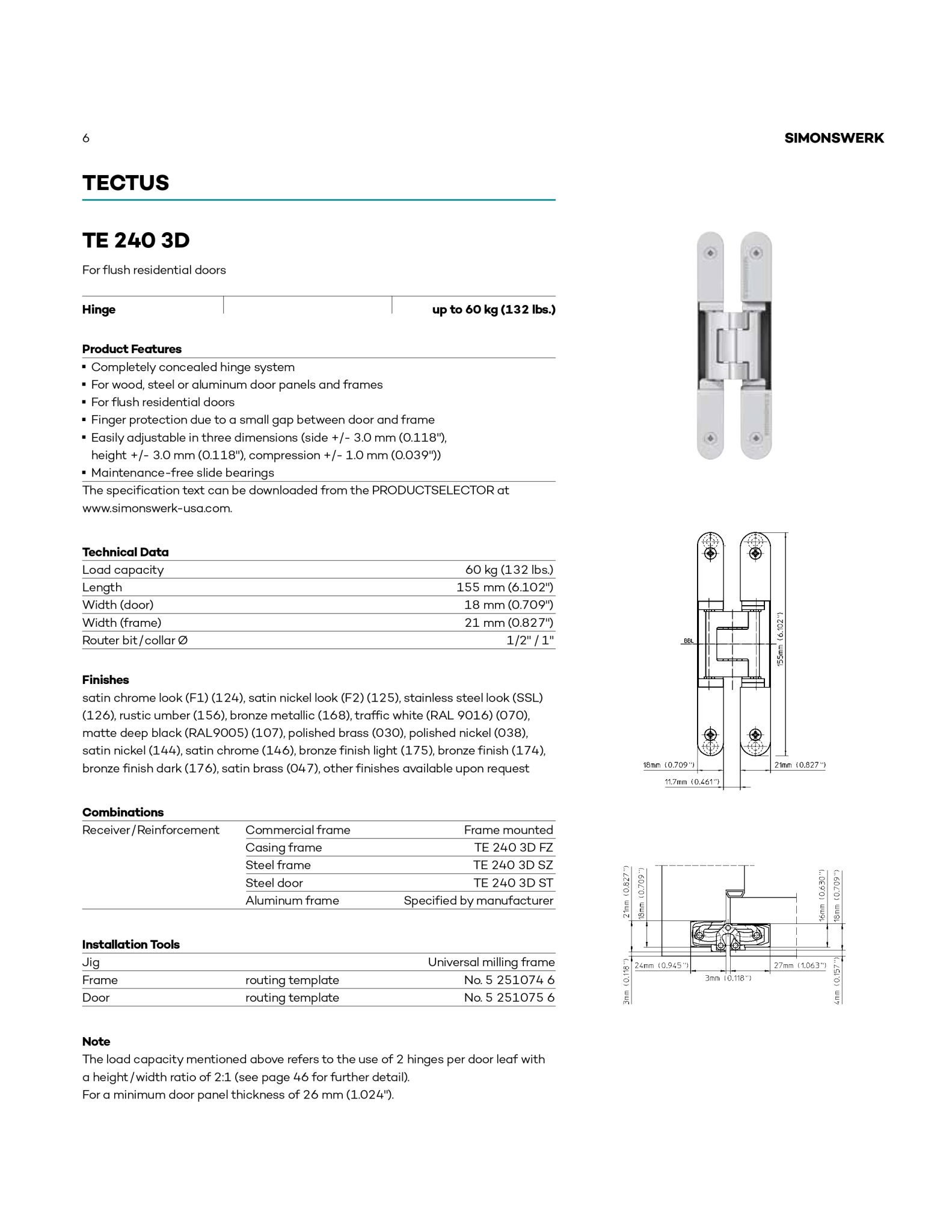 TECTUS® TE 240 3D Residential Concealed Hinge - Canada Door Supply
