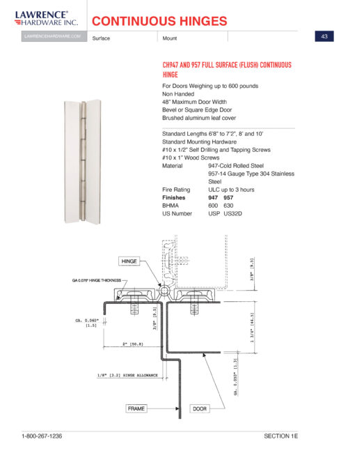 Lawrence Hardware CH947 Steel ULC Continuous Hinge Full Surface ...