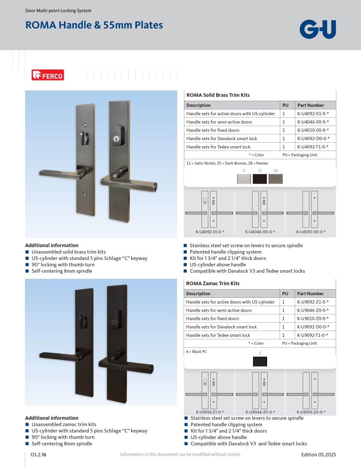 Ferco Secury Automatic Multipoint Roma Lever - Canada Door Supply