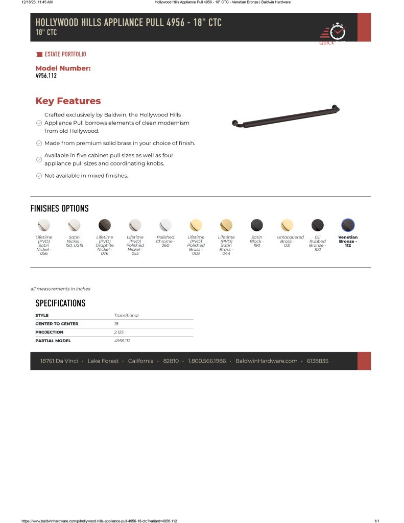 Baldwin 4956 Hollywood Hills Appliance Pull 18" CTC Cabinet Pull - Canada Door Supply